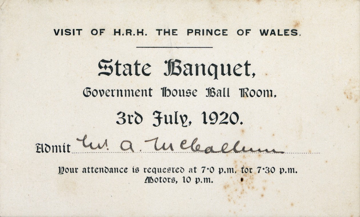 43. Royal Invitation, State Banquet, 1920. – 50 Objects for 50 Years